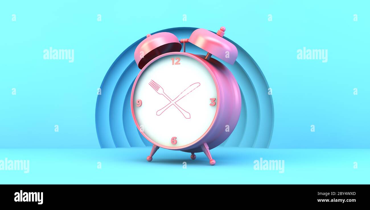 pink clock on blue background 3d rendering with cutlery illustration ...