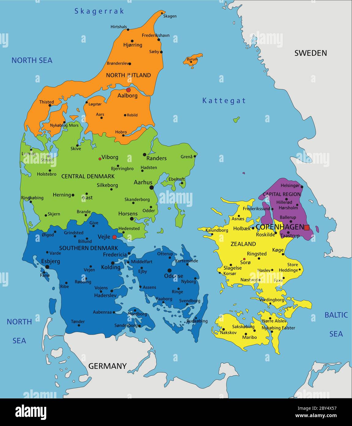 Colorful Denmark political map with clearly labeled, separated layers ...