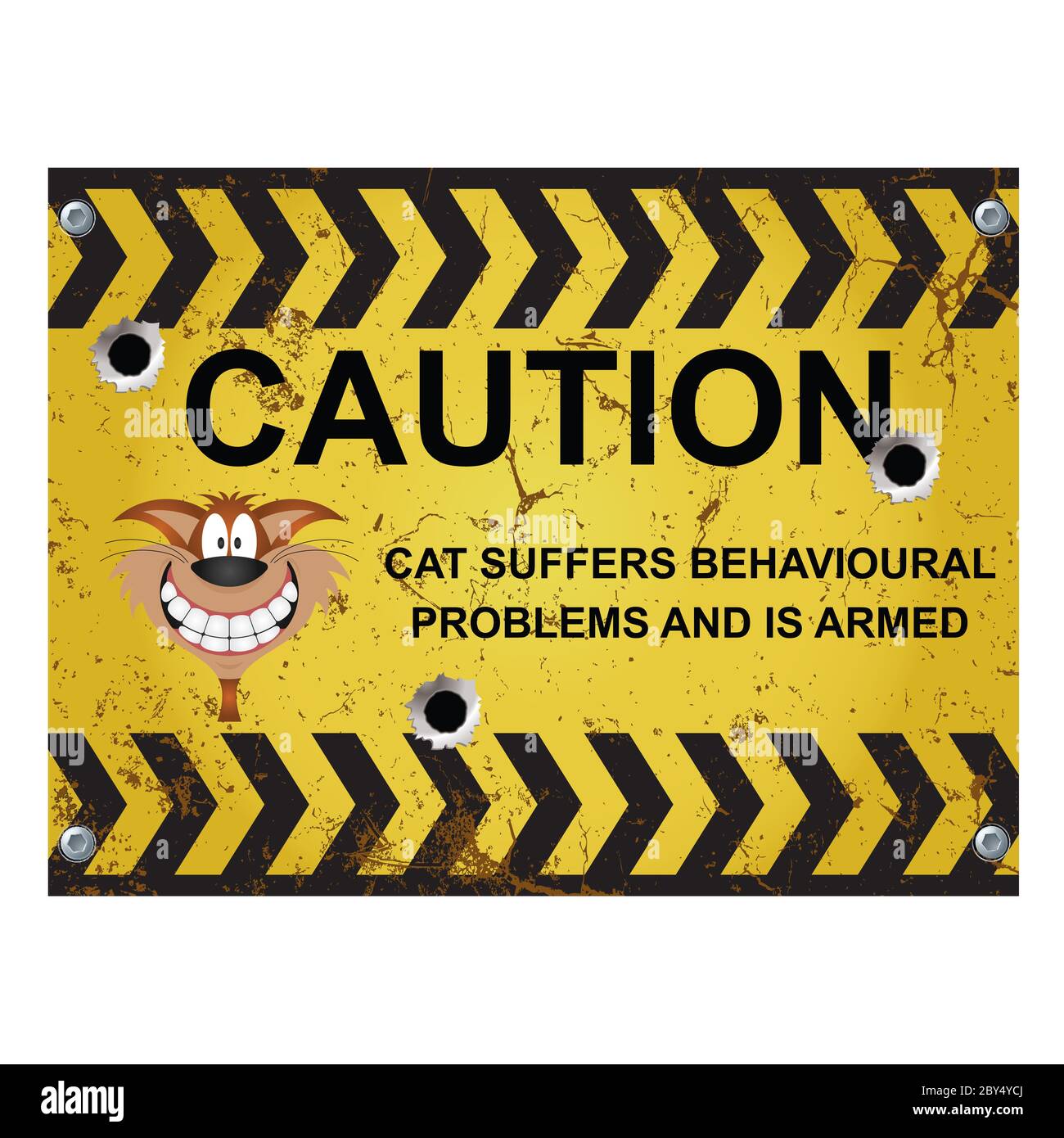 Comical warning cat suffers from behavioral problems and is armed sign ...