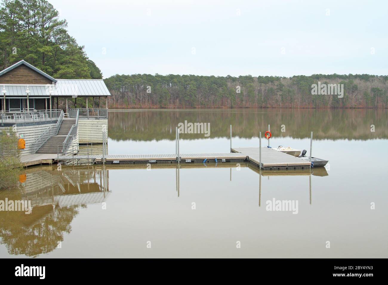Boathouse and jetty on Lake Johnson, near Raleigh, North Carolina, USA ...