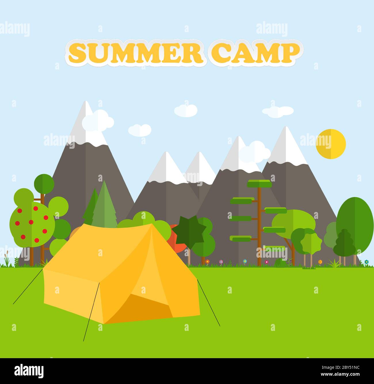 Flat cartoon style illustration nature landscape and trees. Summer Camp ...