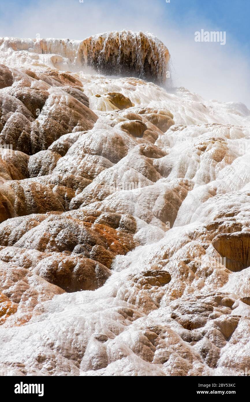 Water from a hot spring runs down a calcium carbonate cliff at Mammoth ...