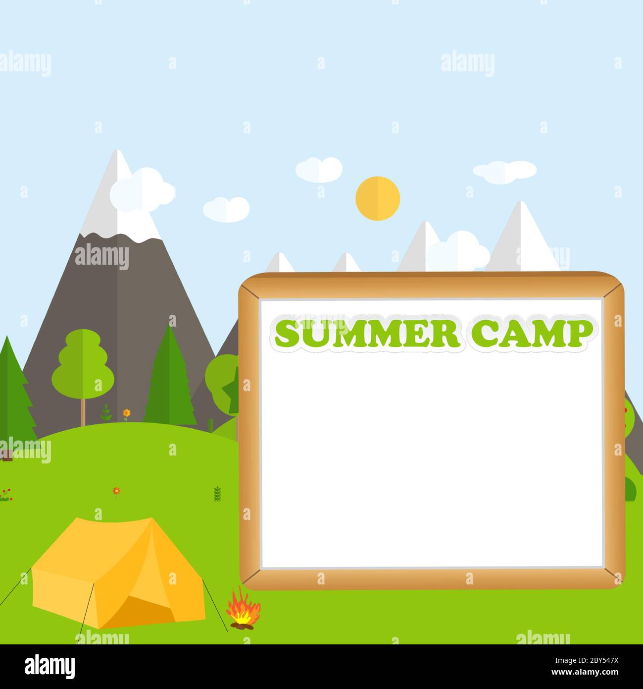 Flat cartoon style illustration nature landscape and trees. Summer Camp ...