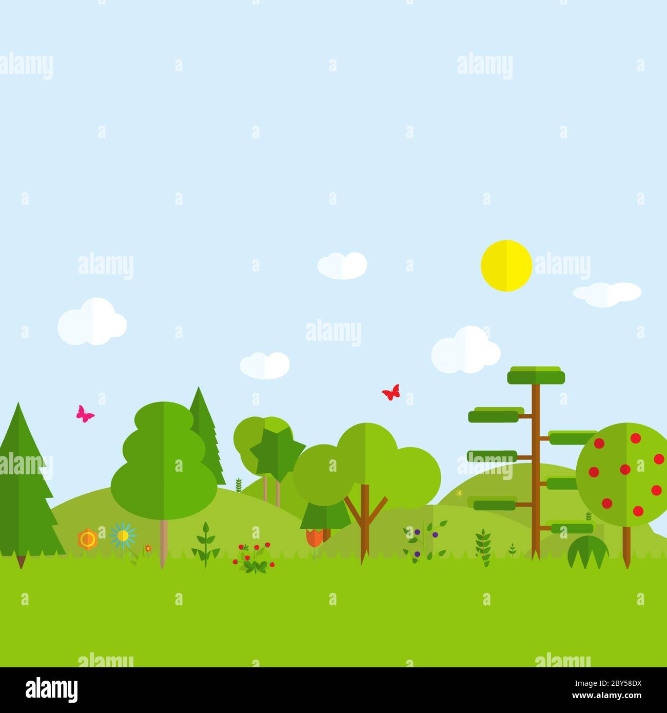 Flat cartoon style illustration nature landscape with mountains and ...