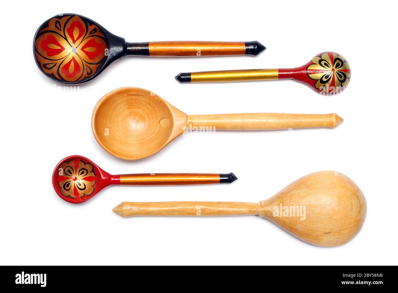 set of five russian wooden spoones Stock Photo - Alamy