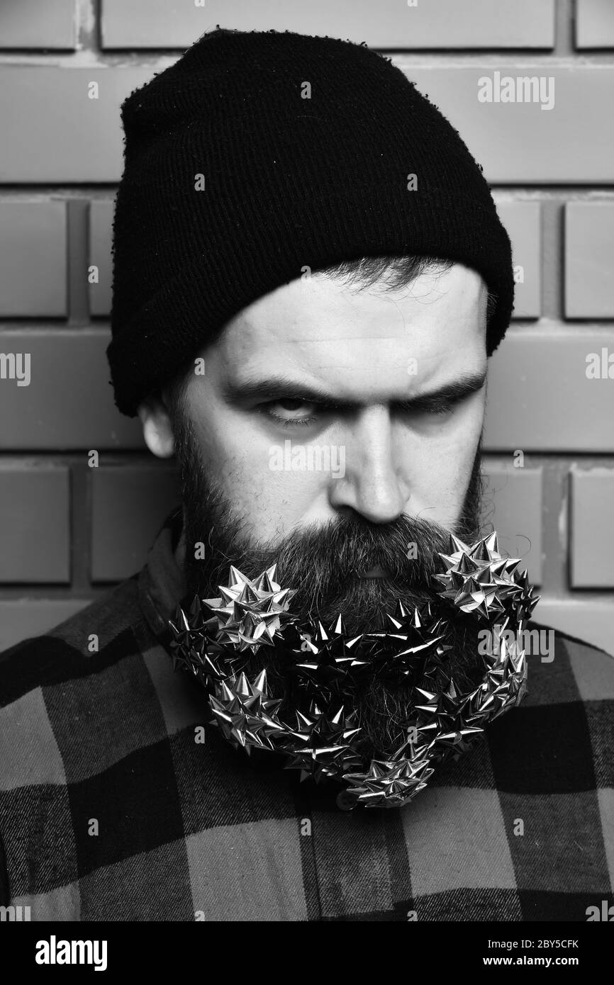 Bearded man, long beard. Brutal caucasian sad hipster with colorful ...