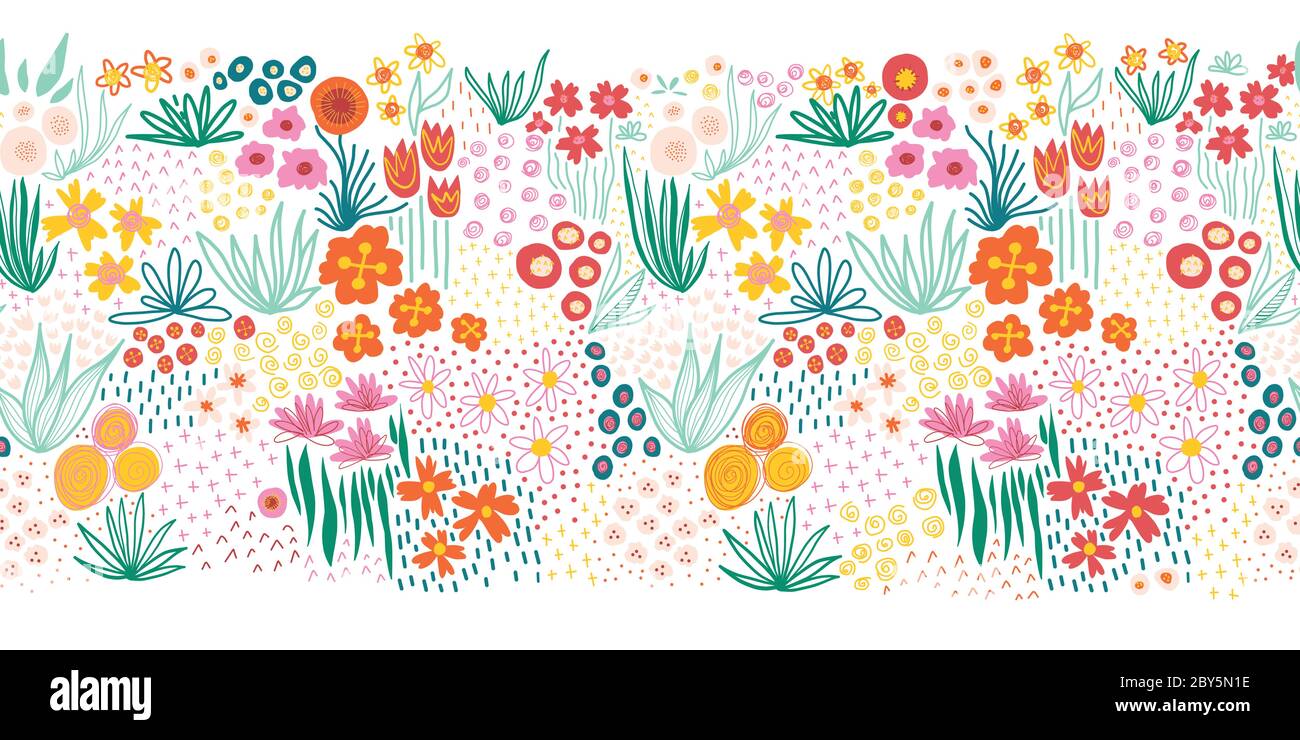 Flower field seamless vector illustration border. A lot of florals in ...