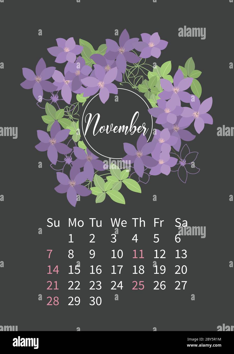 Flower Calendar 2021 with bouquets of flowers Stock Vector Image & Art ...