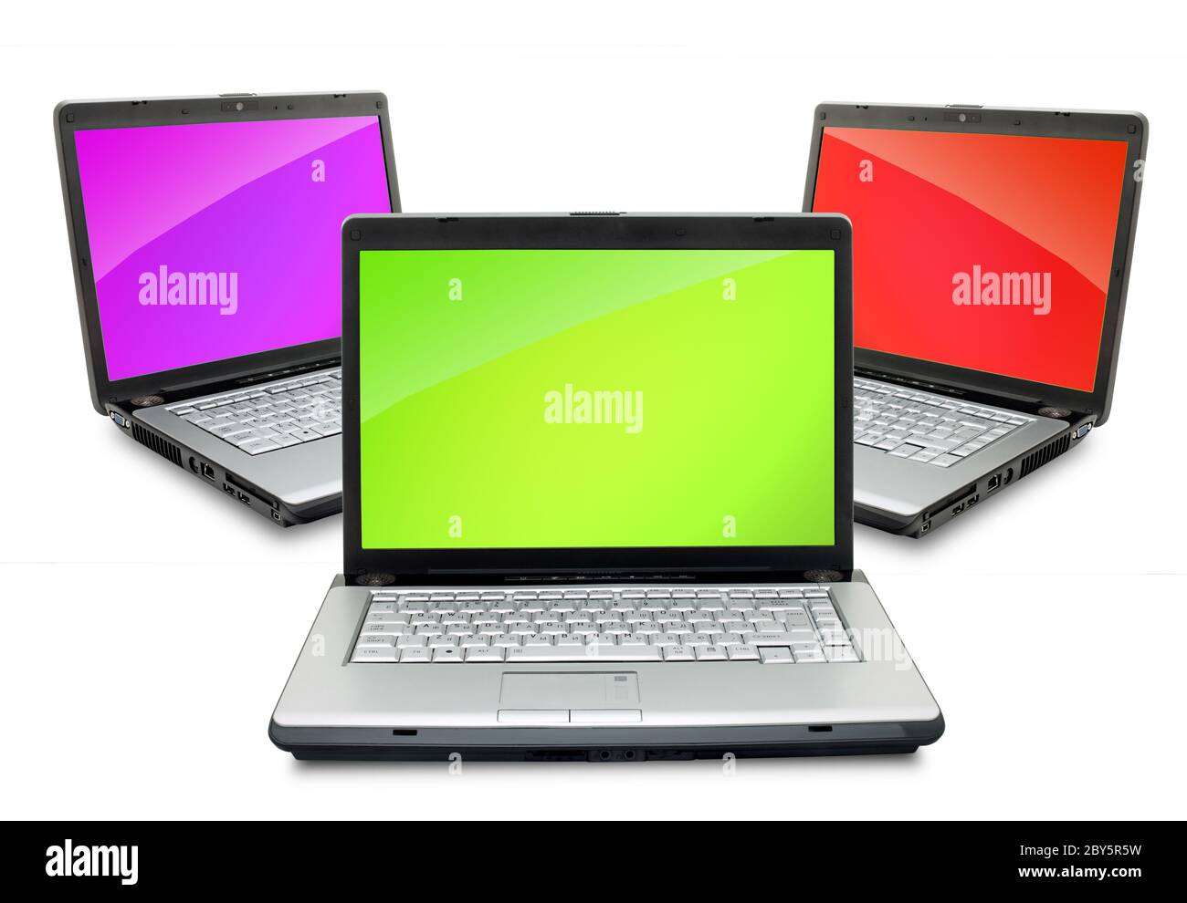 Open laptops showing keyboard and screen isolated on white background ...