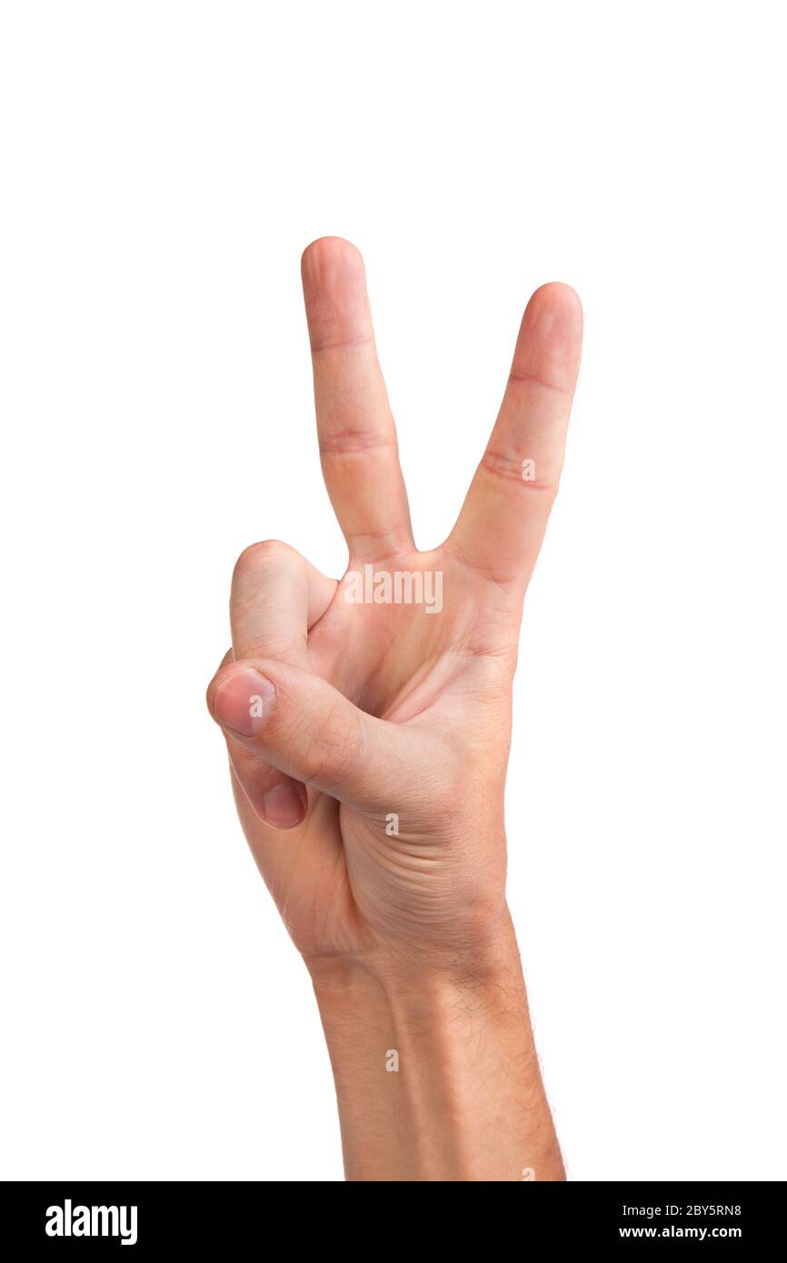 Hand with two fingers up in the peace or victory symbol Stock Photo - Alamy