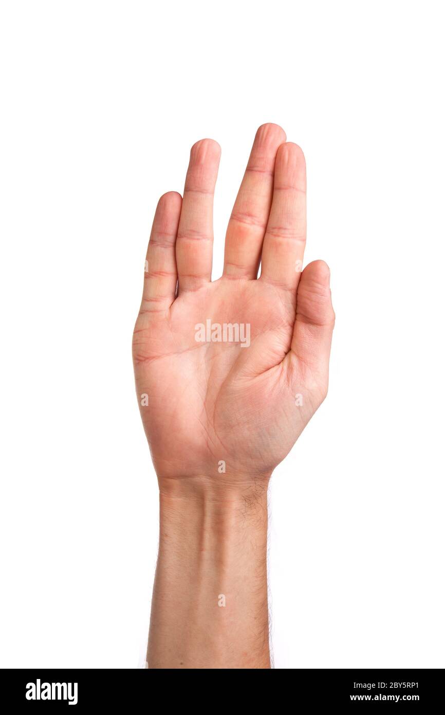 Male palm hand vulcan gesture, isolated on white Stock Photo - Alamy