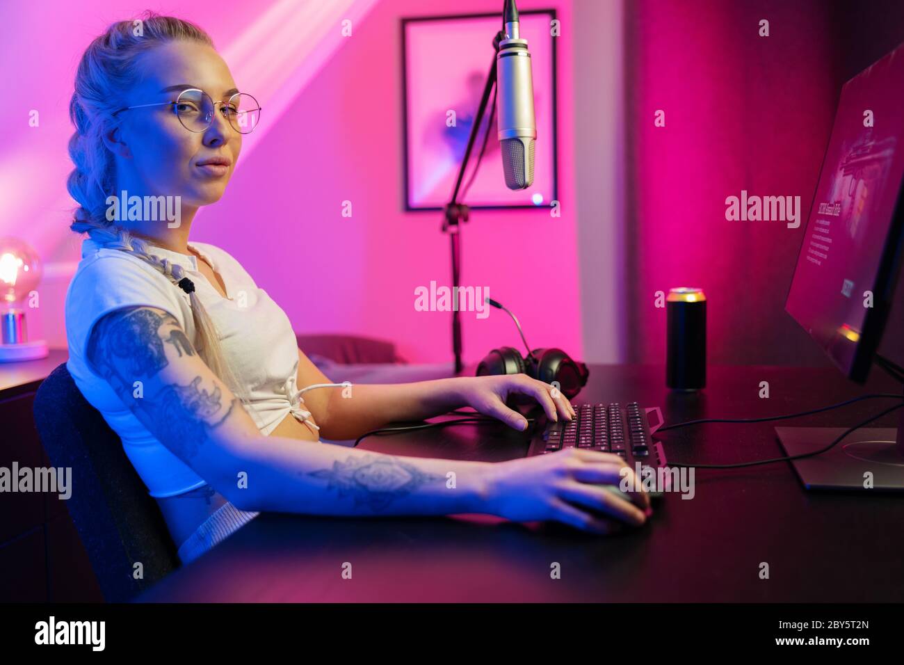 Happy Beautiful Blonde Gamer Girl Playing Online Video Game on Her ...