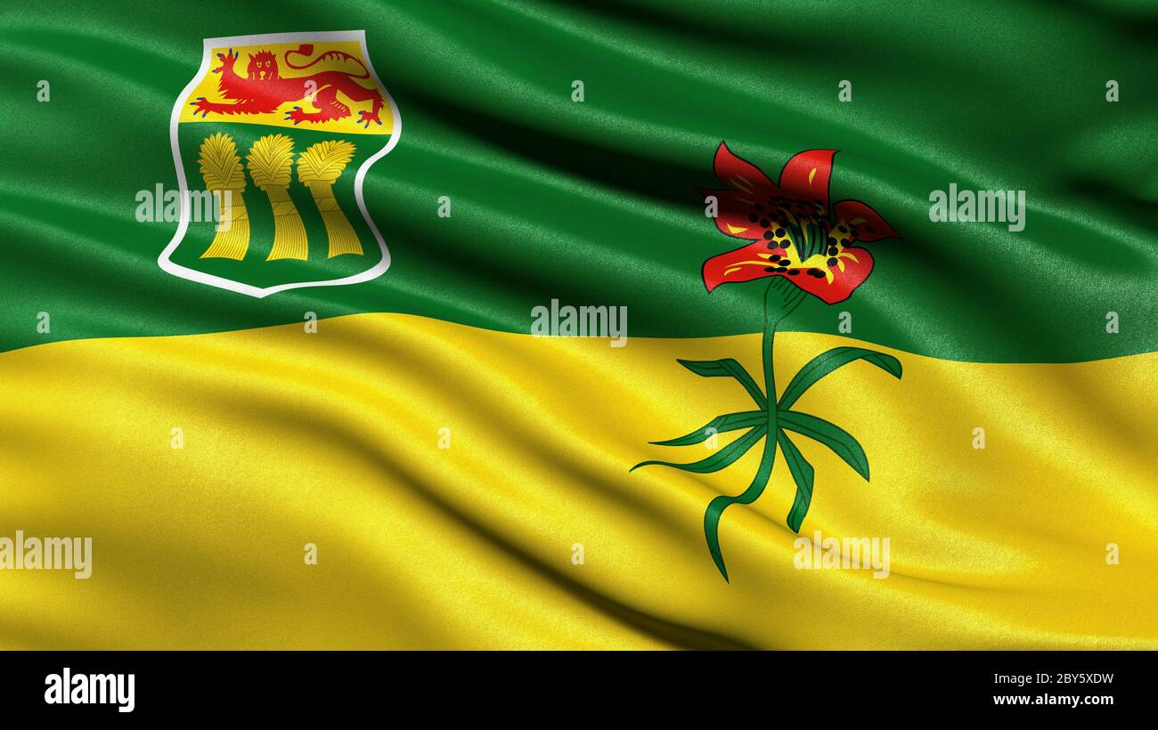 Flag of Saskatchewan waving in the wind. 3D illustration Stock Photo ...