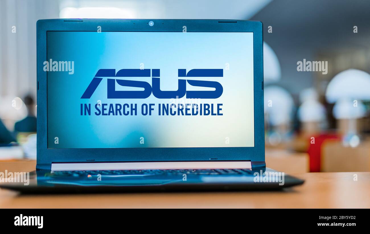 POZNAN, POL - MAR 24, 2020: Laptop computer displaying logo of Asus, a ...
