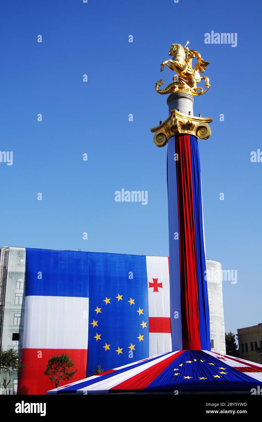 St. George statue at Liberty square in Tbilisi, Republic of Georgia ...