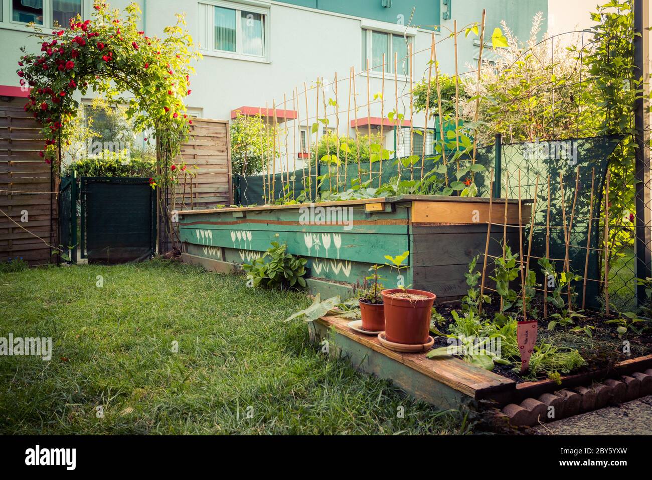 Little garden with green grass and flowers for having good times ...