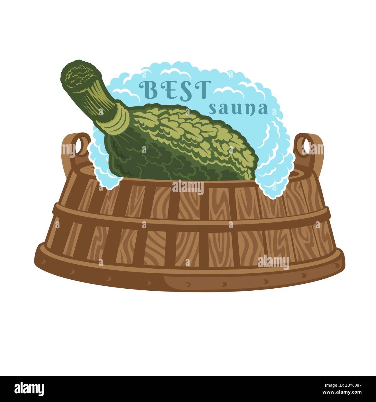 Label for sauna, banya or bathhouse. Besom in wooden tub. Color vector ...