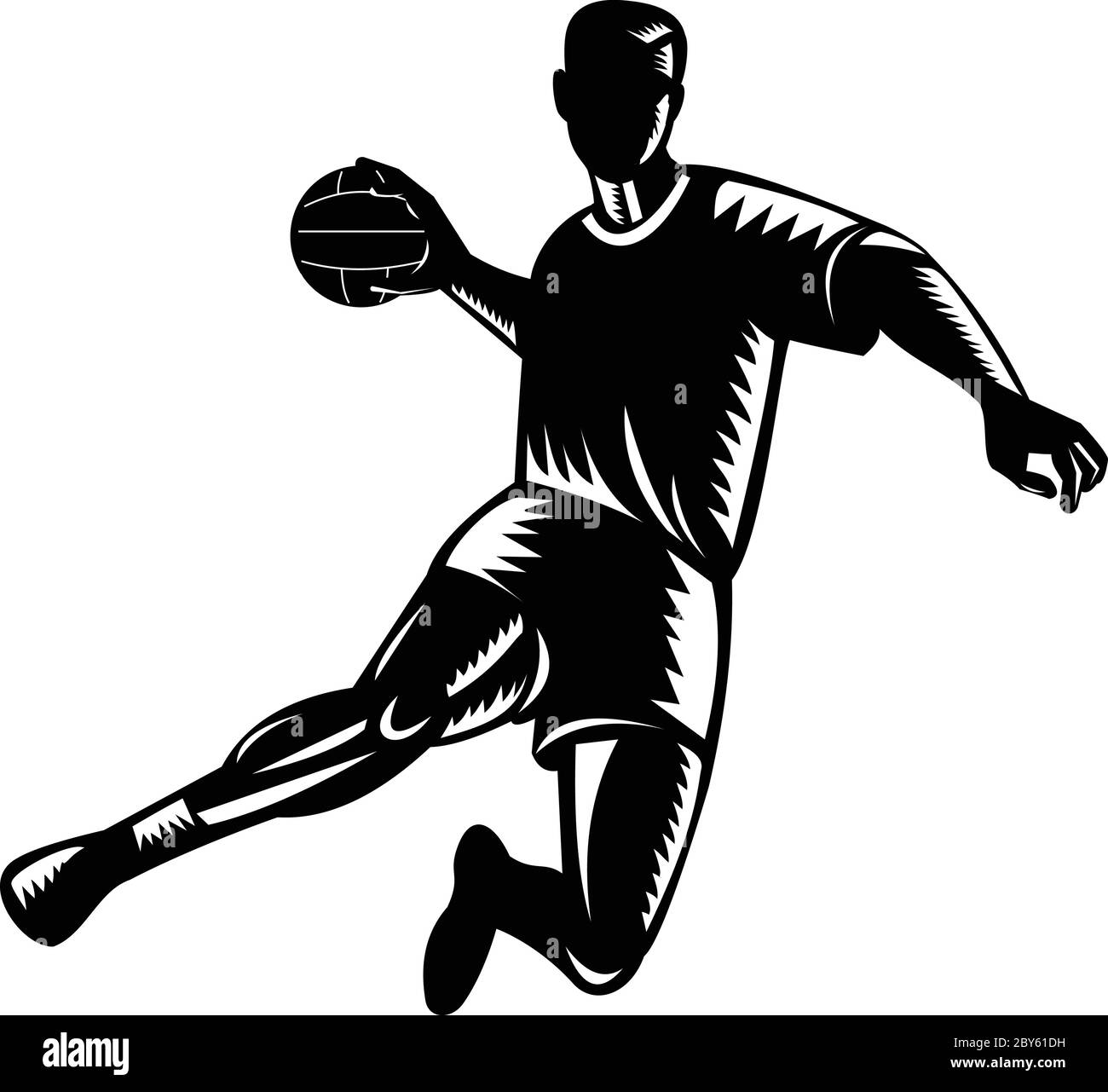 Retro woodcut style illustration of a handball player, also known as ...