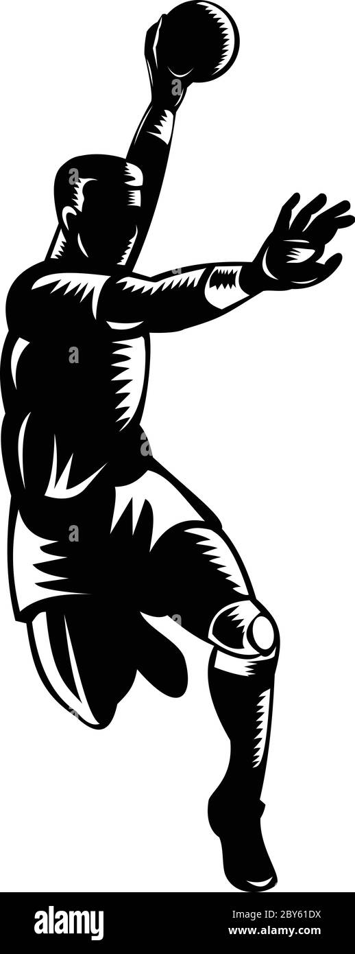 Retro woodcut style illustration of a European handball player, also ...