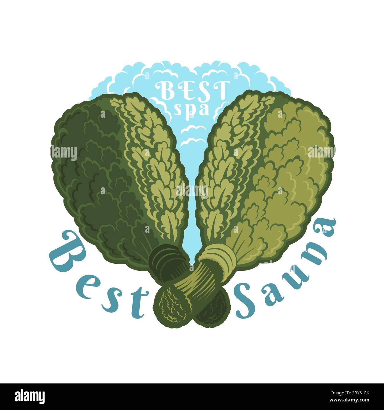 Label for sauna, banya or bathhouse. Two crossed oak besoms with steam ...