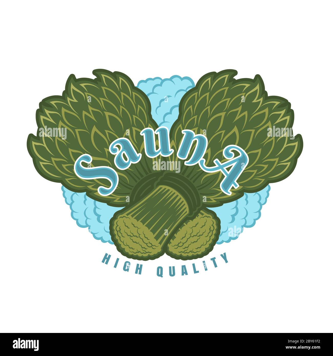 Label for sauna, banya or bathhouse. Two crossed oak besoms with steam ...
