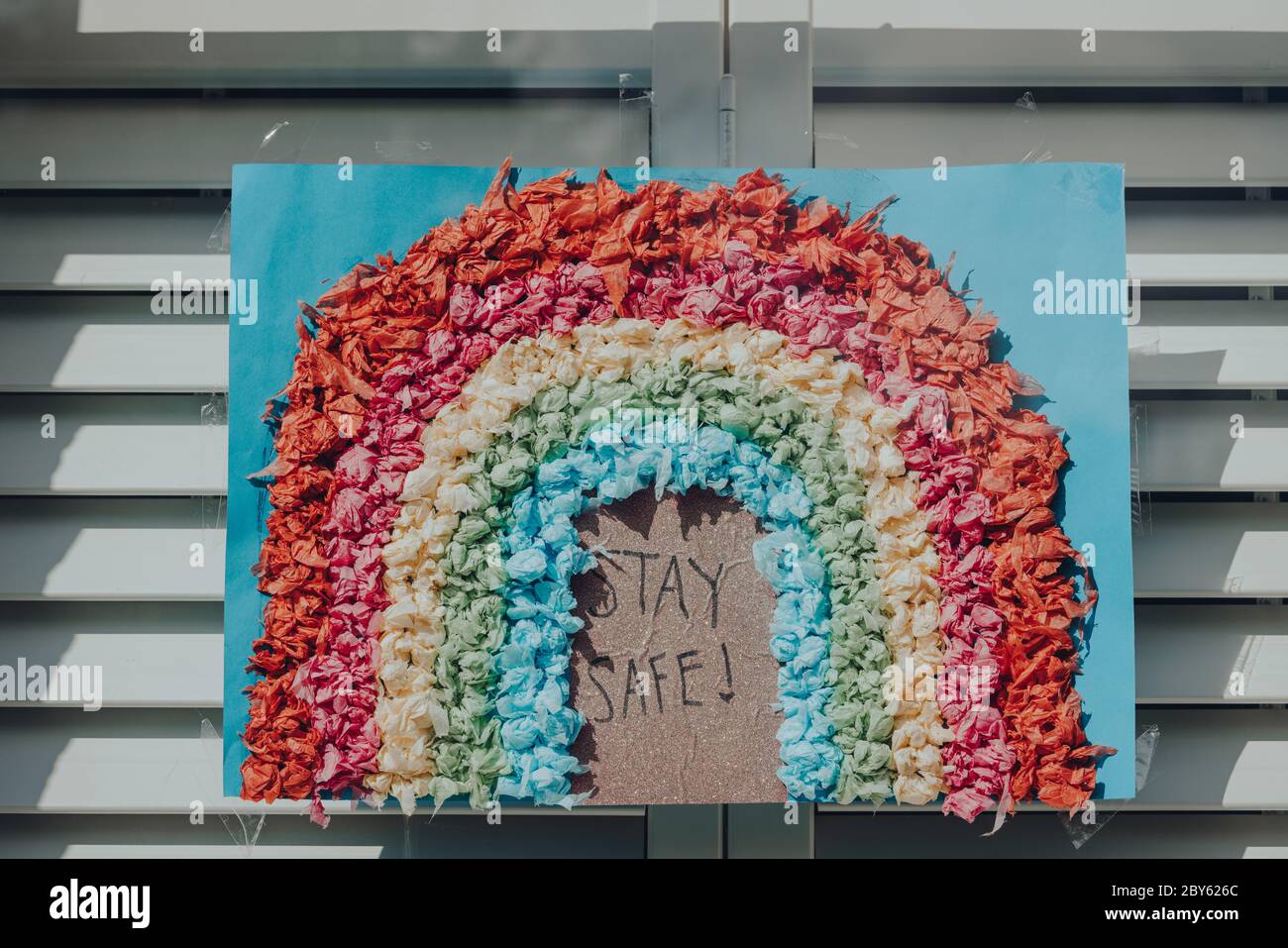 London, UK - June 06, 2020: Handmade rainbow sign with stay safe ...