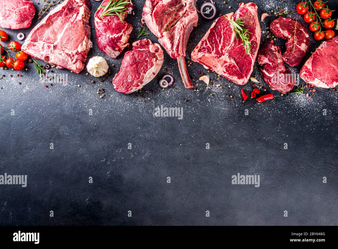 Set of various classic, alternative raw meat, veal beef steaks ...