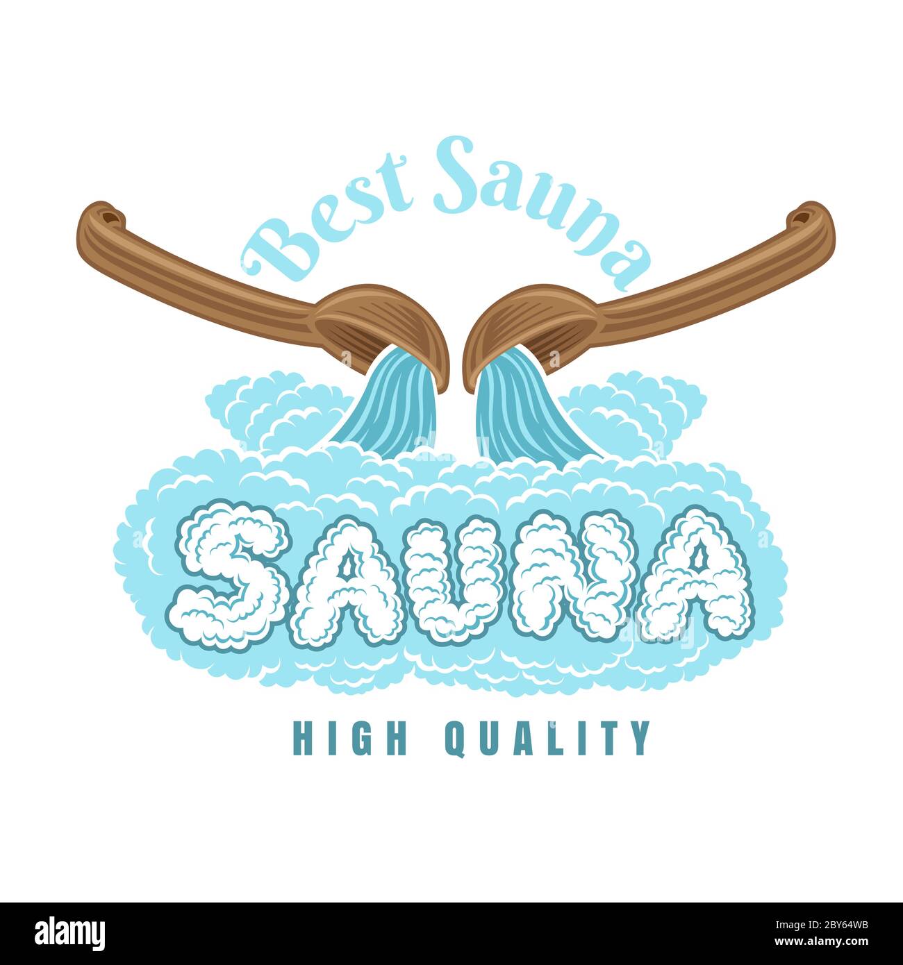 Lable for sauna, banya or bathhouse. Wooden ladles poure water on word ...