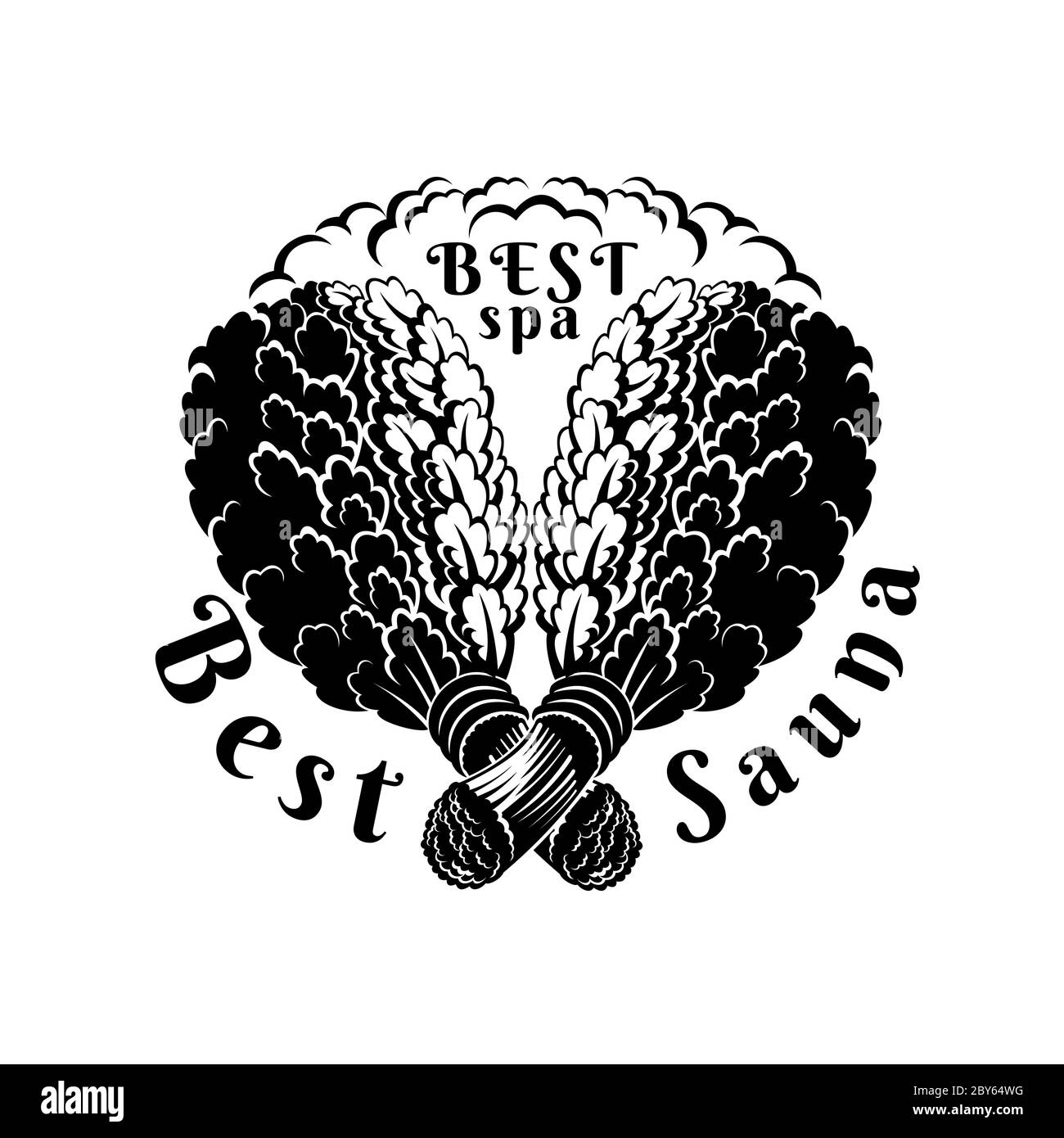 Label for sauna, banya or bathhouse. Two crossed oak besoms with steam ...