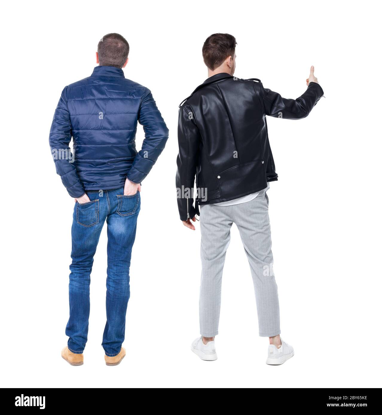 Back view of two man in winter jacket showing thumb up. Rear view ...