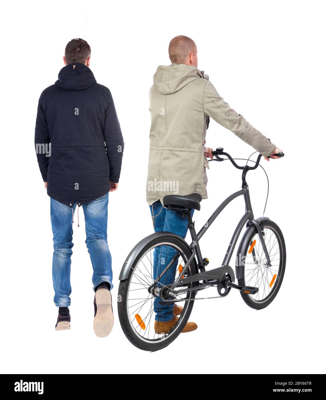 Back view of two man on a bicycle in winter jacket. Rear view people ...