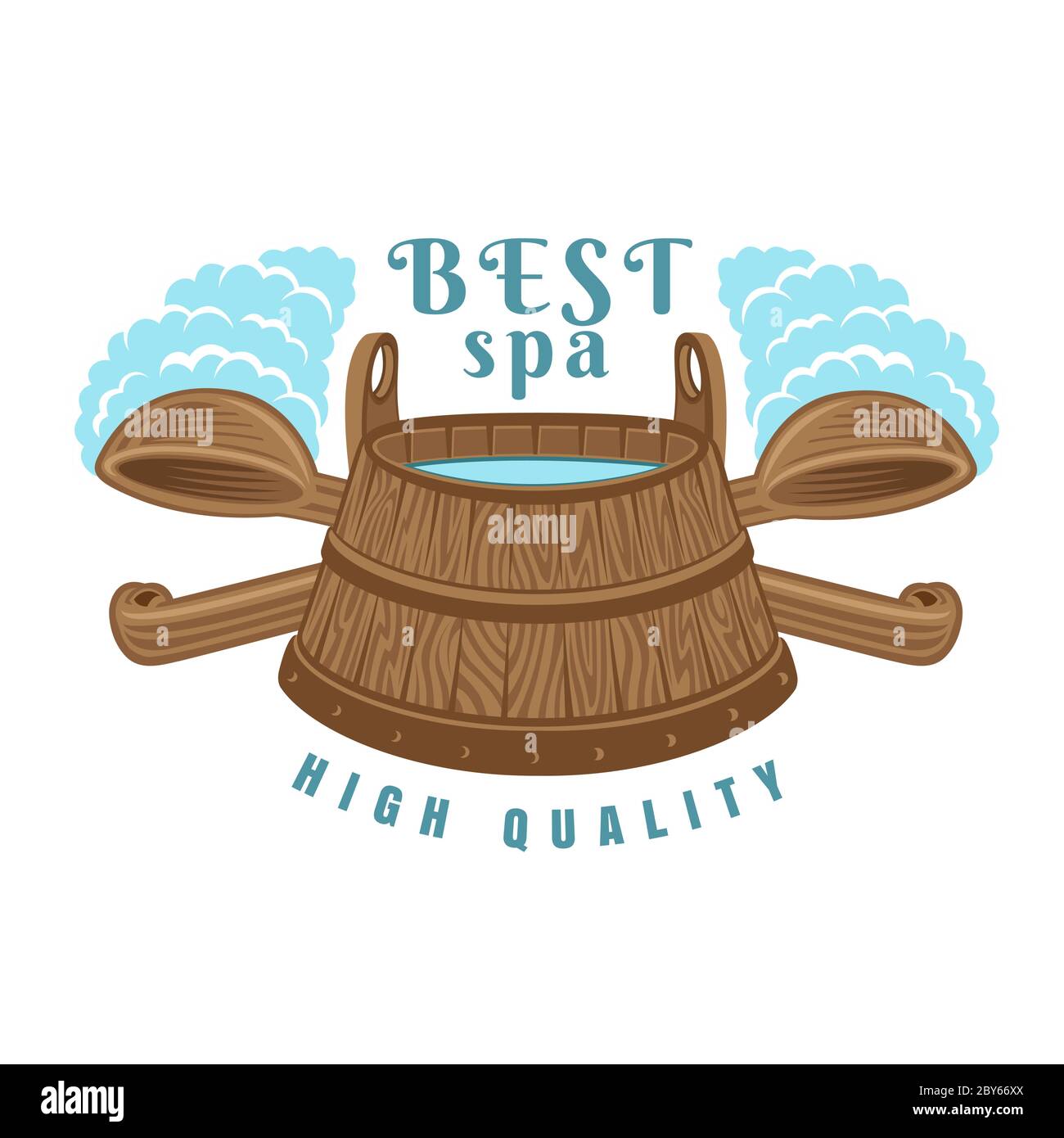 Label for sauna, banya or bathhouse. Wooden tub with two crossed ladles ...