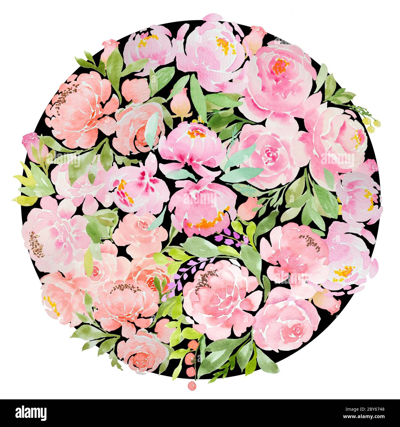 Beautiful watercolor circle made of pink watercolor peonies and roses ...