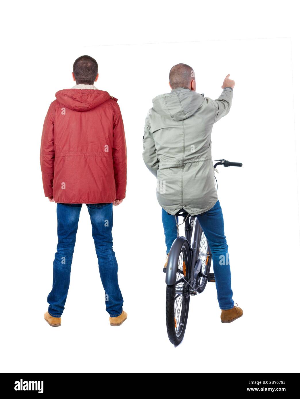 Back view of two man on a bicycle in winter jacket. Rear view people ...