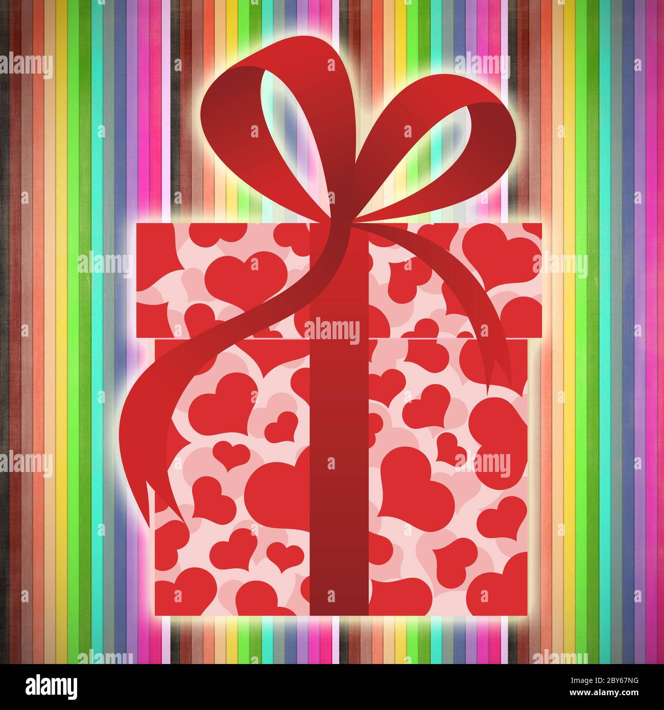 Rainbow background with gift box and red bow Stock Photo - Alamy