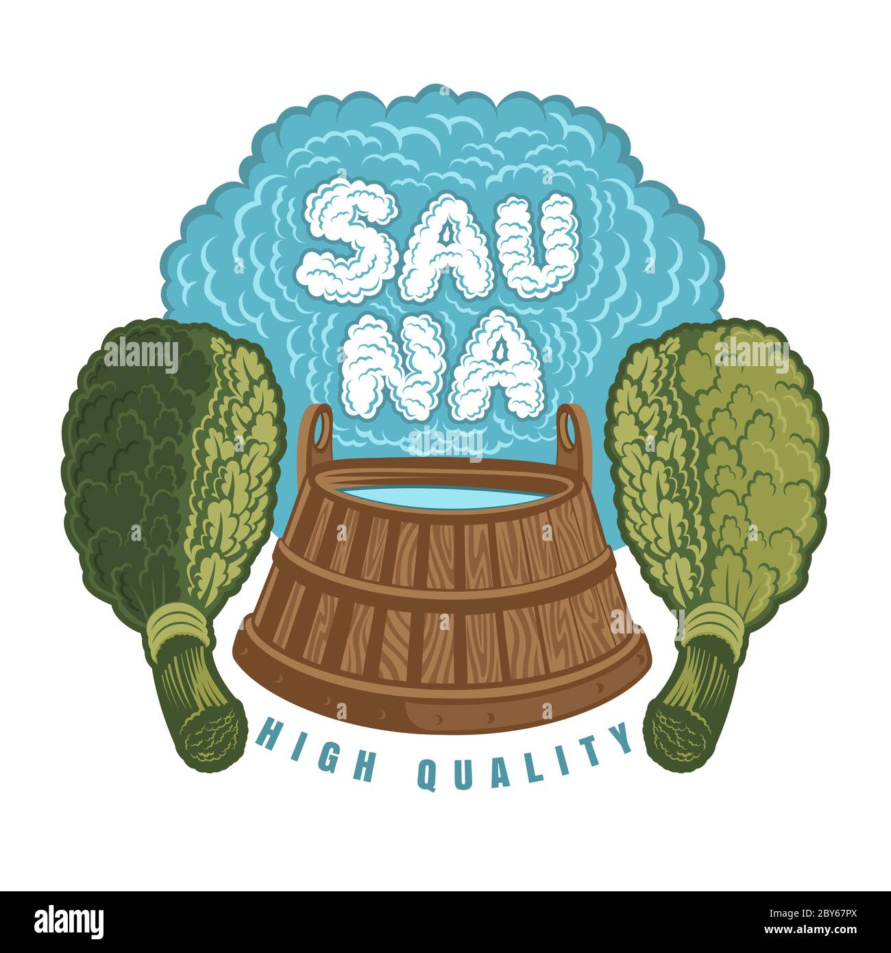 Label for sauna, banya or bathhouse. Wooden tub between two sauna oak ...
