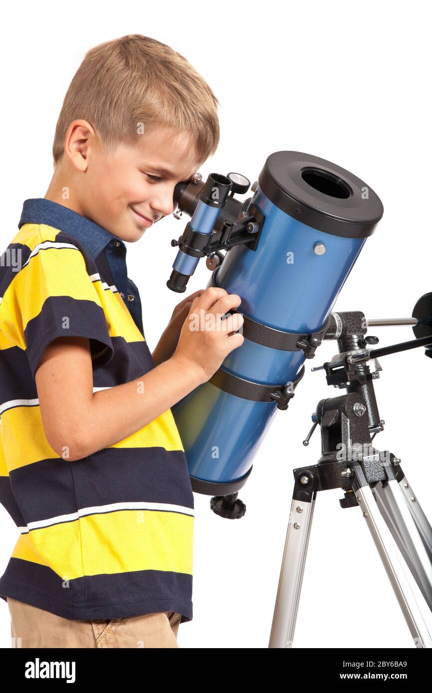 Child Looking Into Telescope on white Stock Photo - Alamy