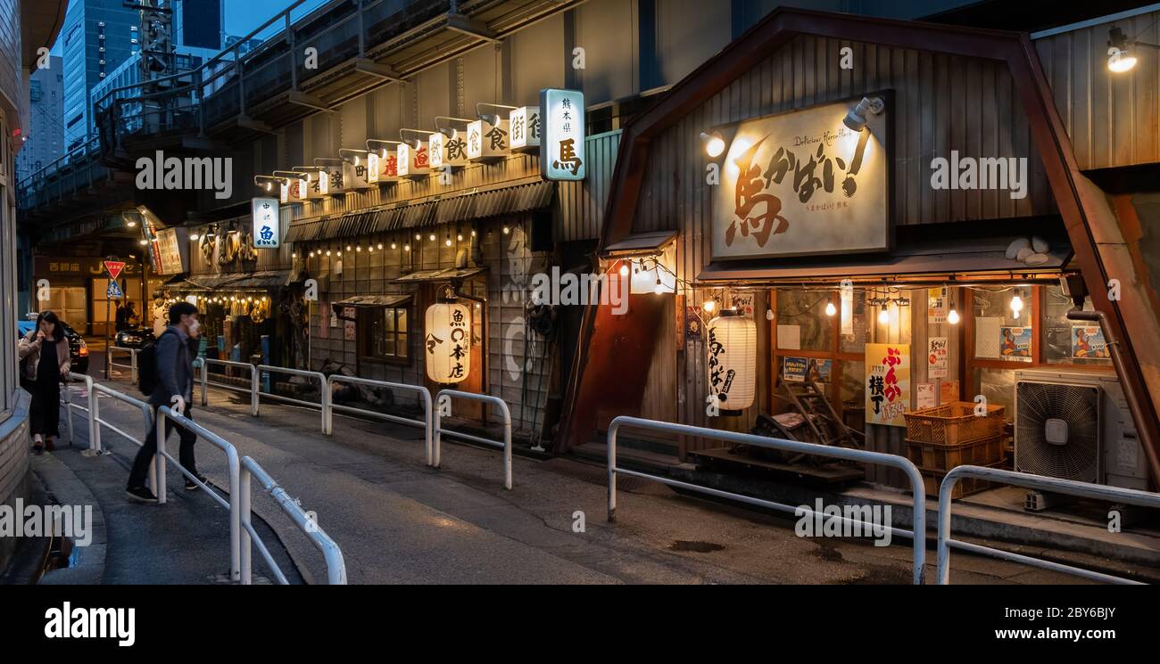 People walking at Yurakucho district back alley, Tokyo, Japan at night ...