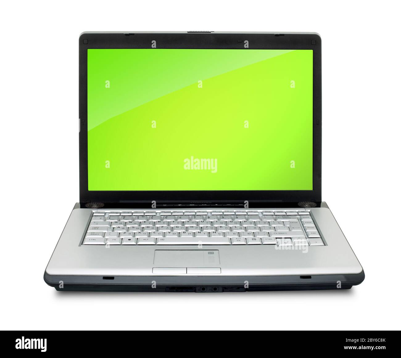 Open laptop showing keyboard and screen isolated on white background ...