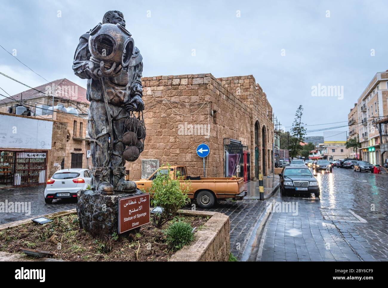 Statue of sponge diver in Batroun city in northern Lebanon and one of ...
