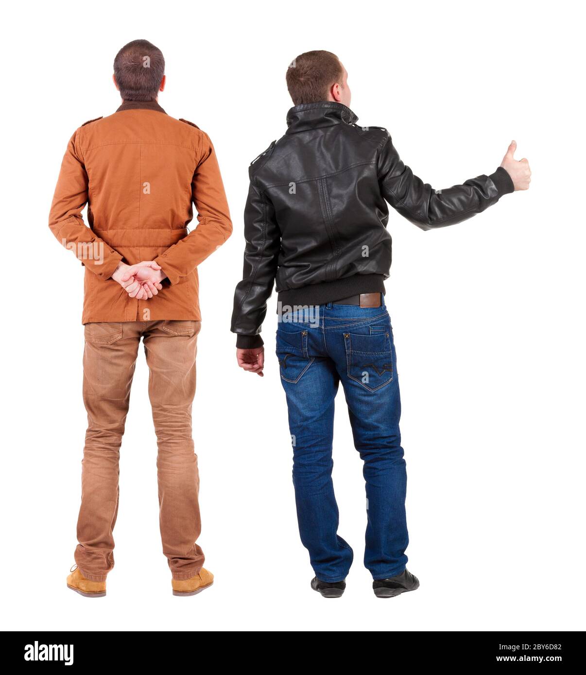 Back view of two man in winter jacket showing thumb up. Rear view ...