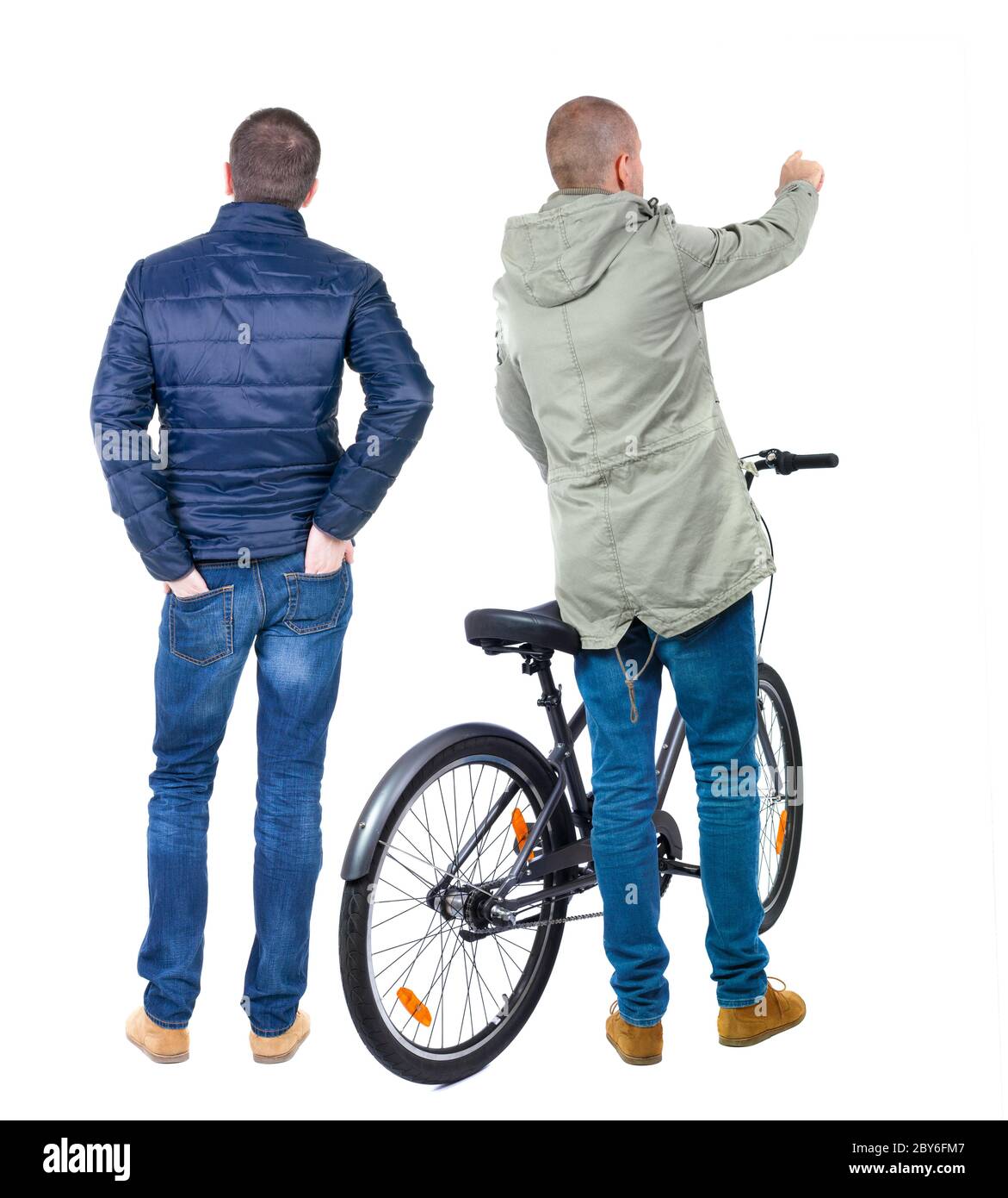 Back view of two man on a bicycle in winter jacket. Rear view people ...