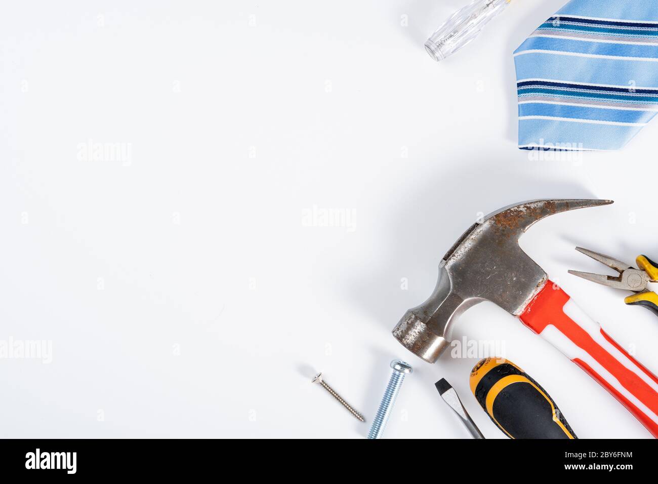 Happy Father Day background concept with tools and tie on white ...