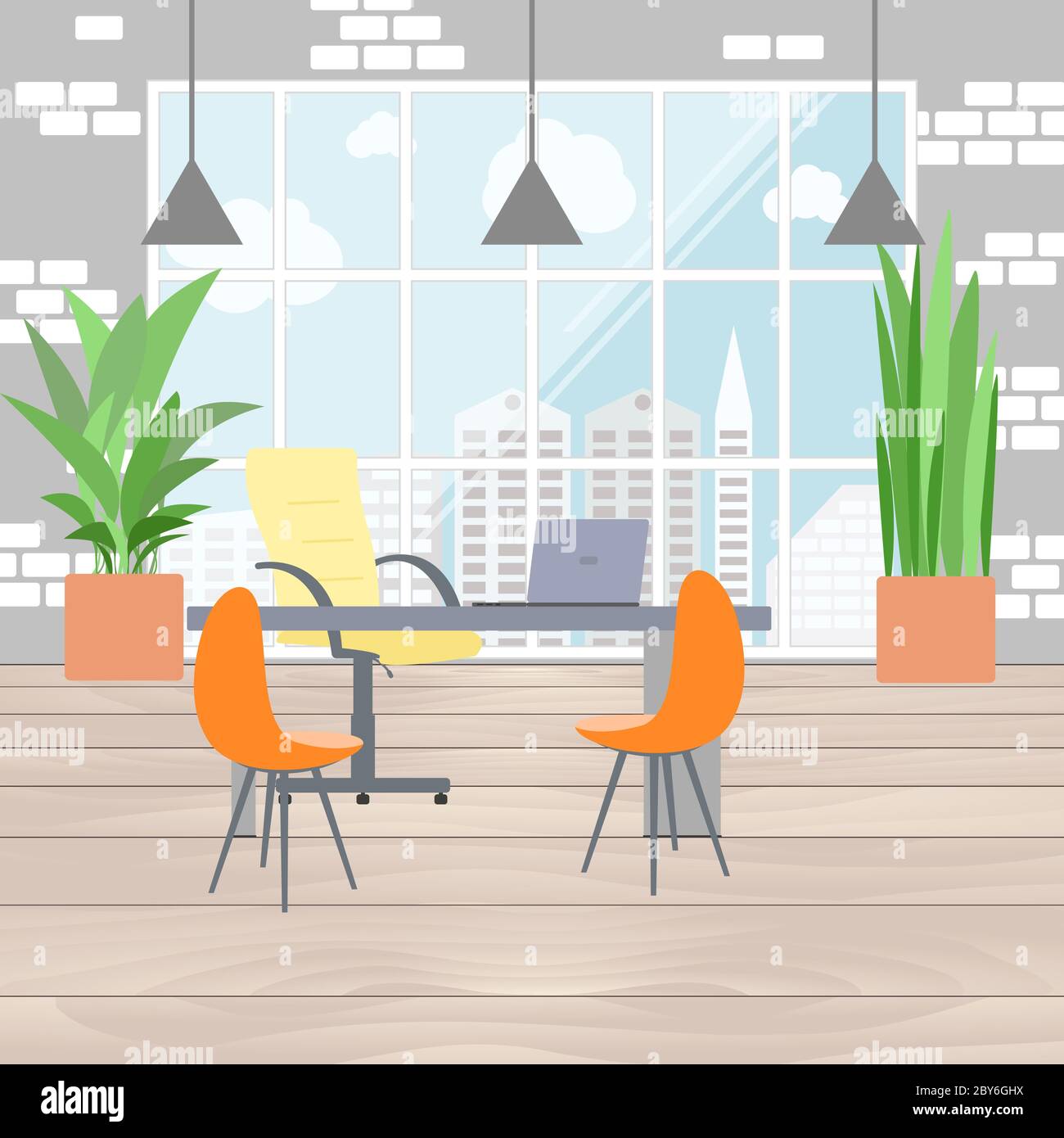 Boss office interior in flat design, view from the window on meg Stock ...