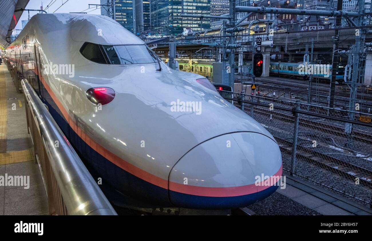 High speed bullet train shinkansen at Tokyo Railway Station terminal ...