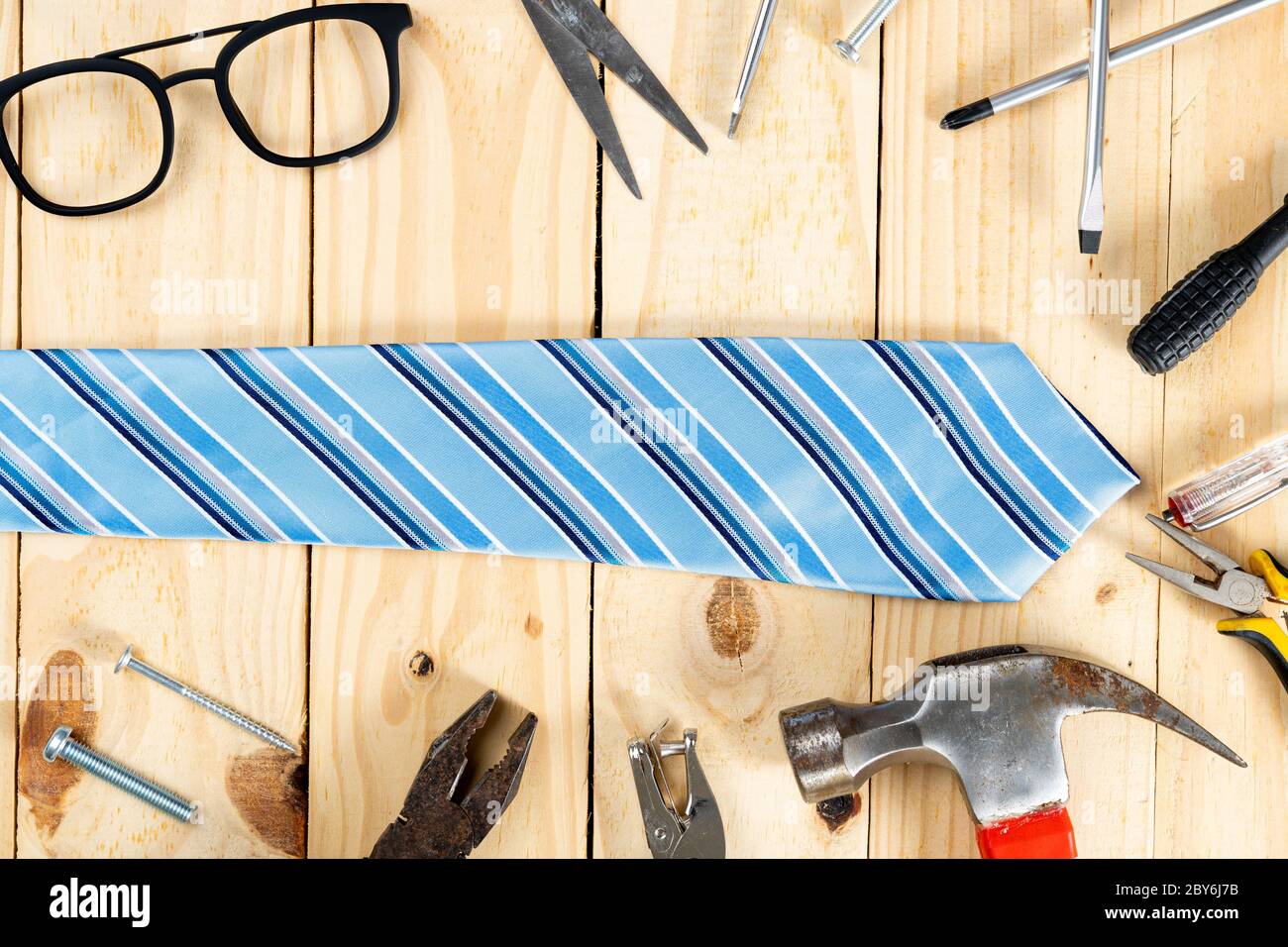 Happy Father Day background concept with tools and tie on wooden ...