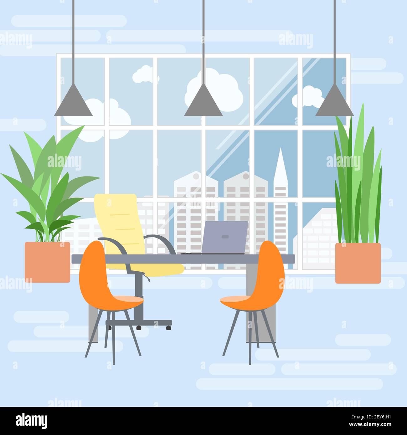 Boss office interior in flat design, view from the window on meg Stock ...