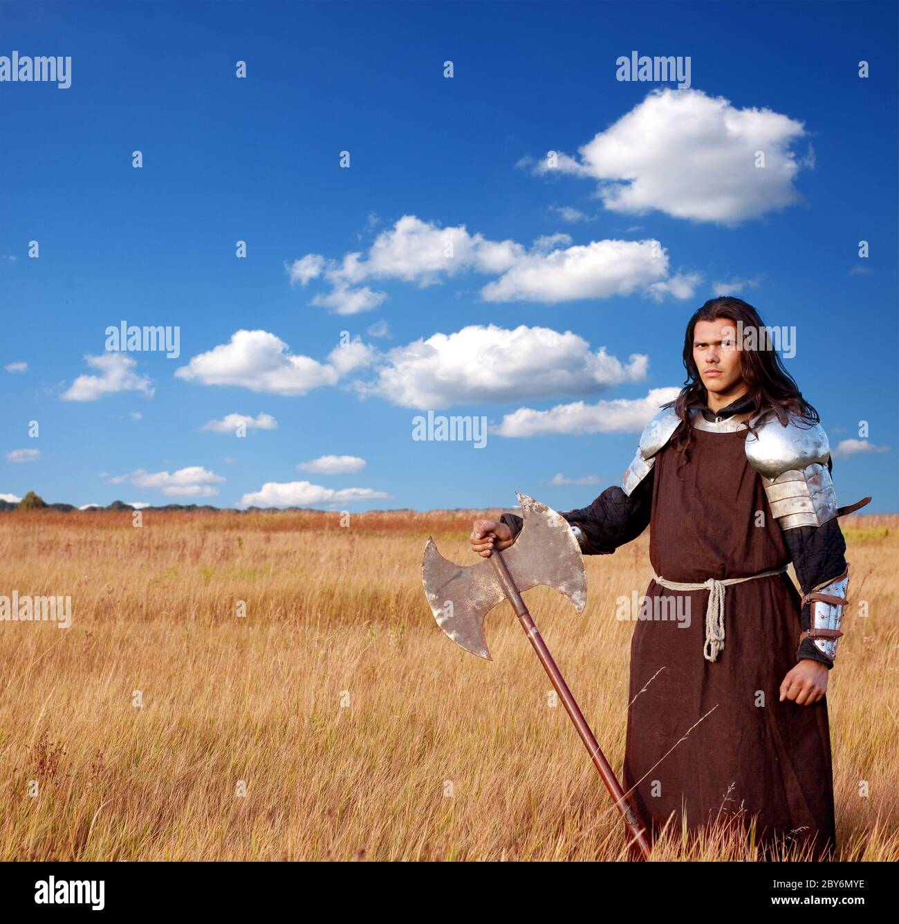 Medieval knight in the field with an axe Stock Photo - Alamy