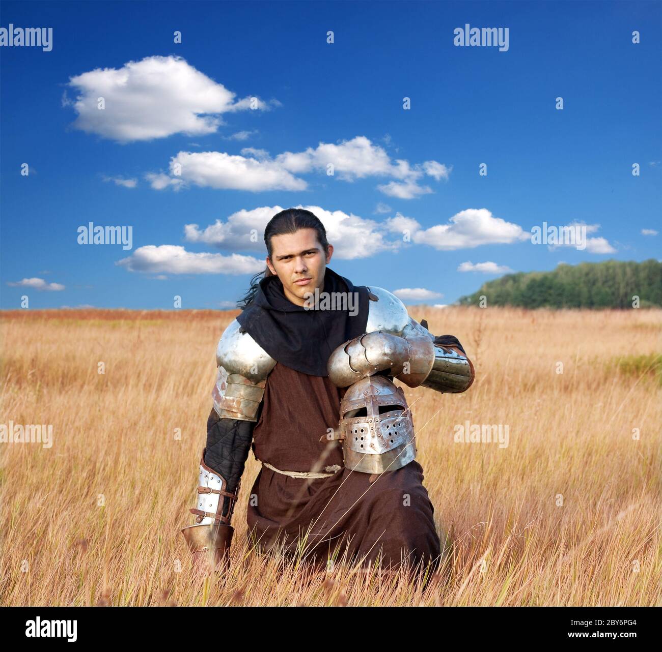 Medieval knight in the field with an axe Stock Photo - Alamy