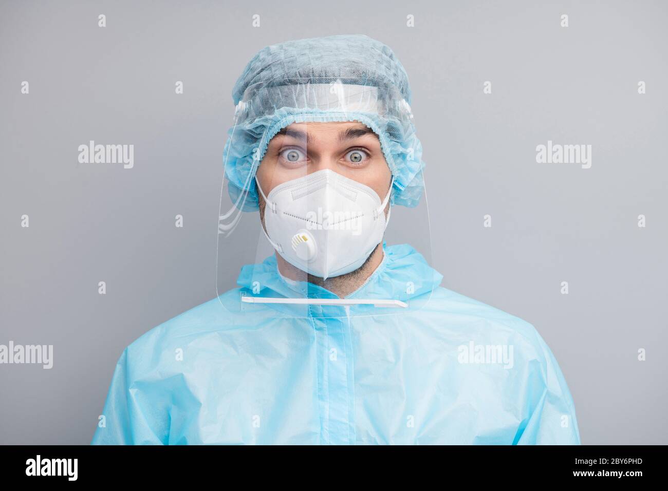 Closeup photo of handsome guy expert doc virology center big eyes full ...